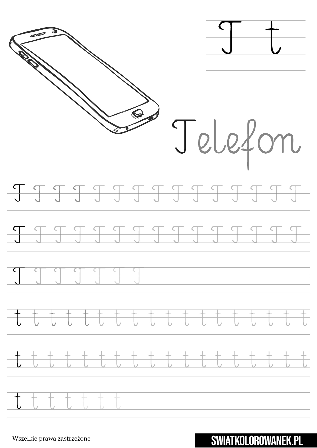 nauka pisania literka t - Darmowe kolorowanki do druku